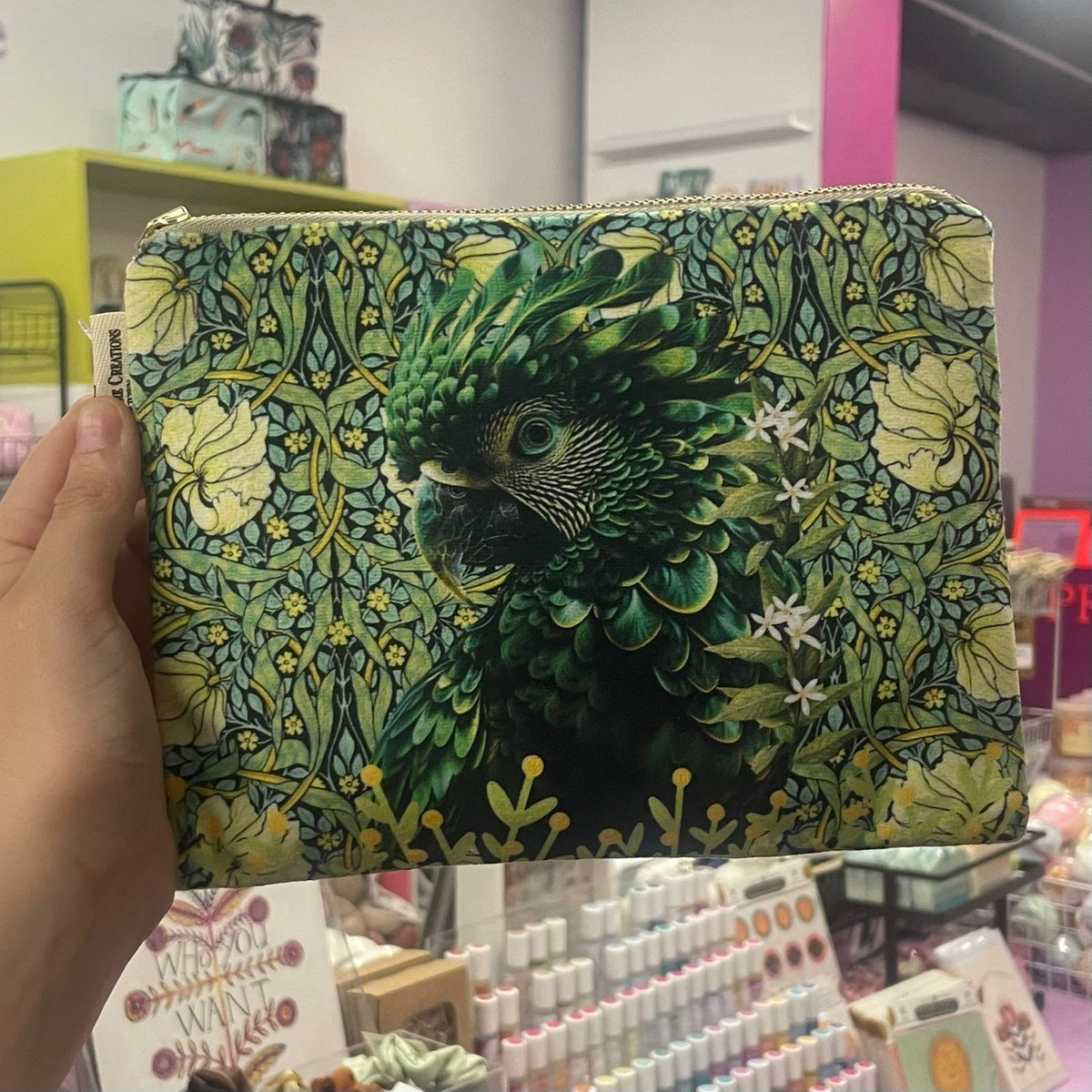 Cosmetic Bag | Velvet | Birds & Botanical Range | Green Parrot