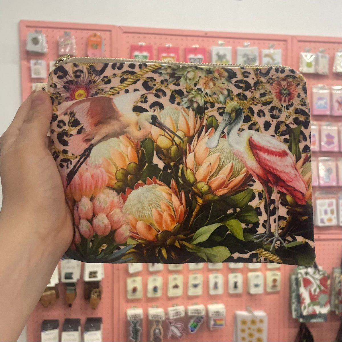 Cosmetic Bag | Velvet | Birds & Botanical Range | Spoonbill & Proteas